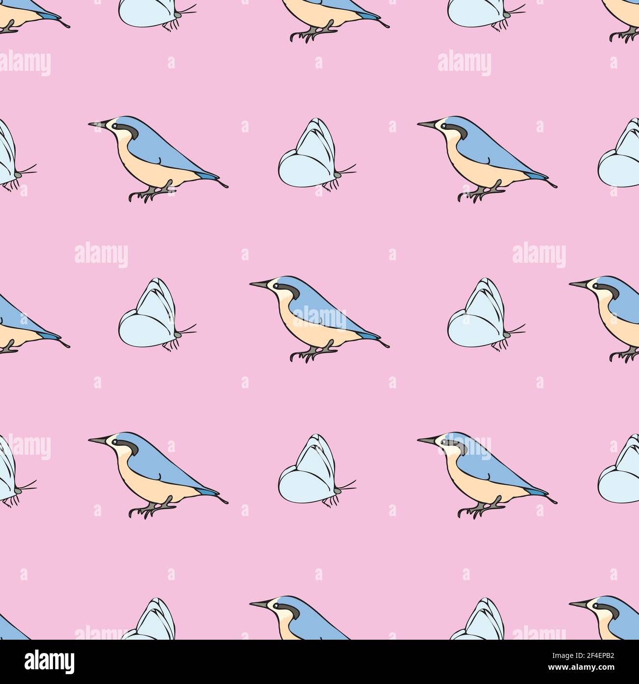 Vector pastel pink background blue birds butterfly seamless pattern ...