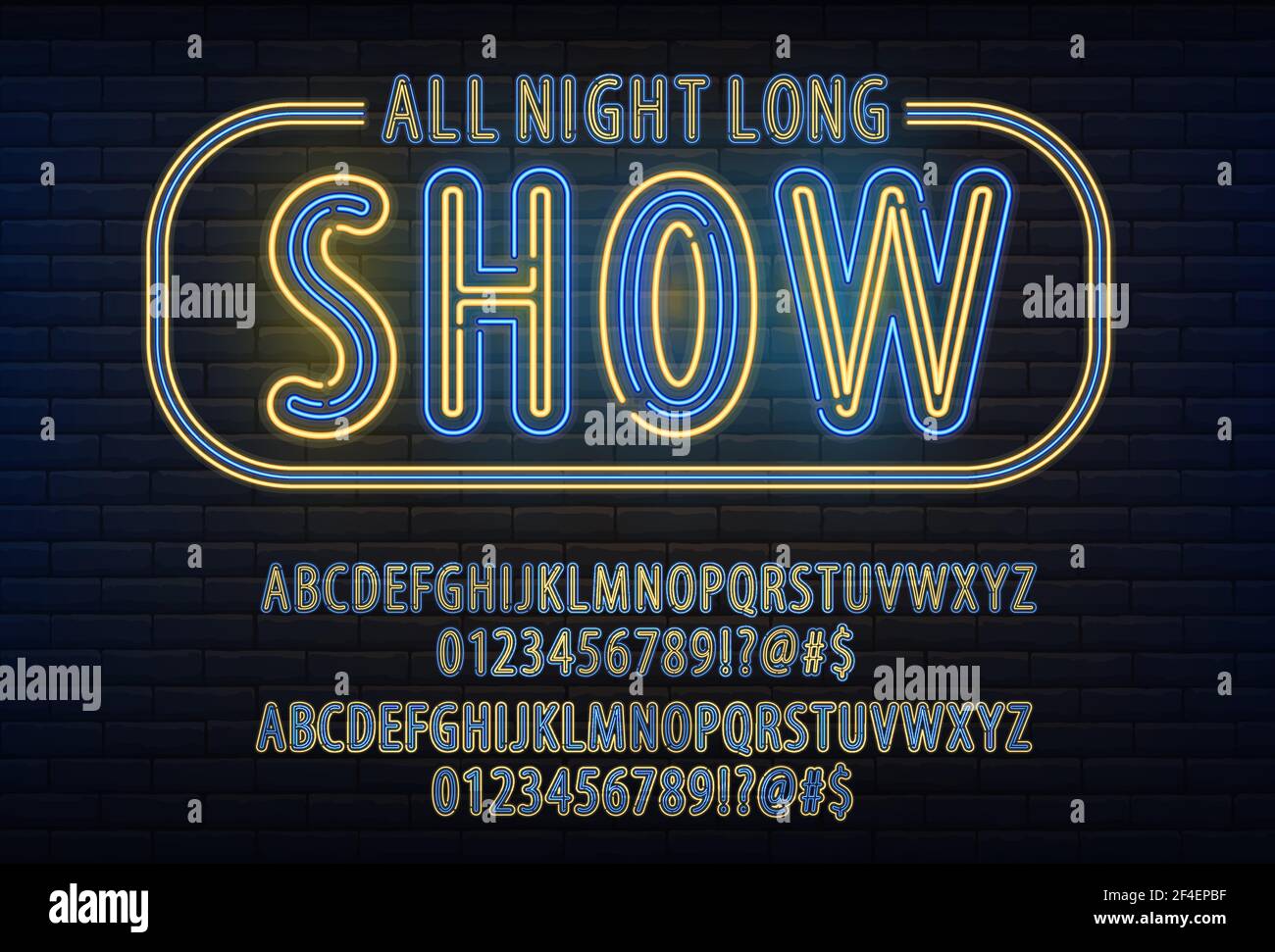 Double neon blue yellow colored neon typeset, two version alphabets and ...