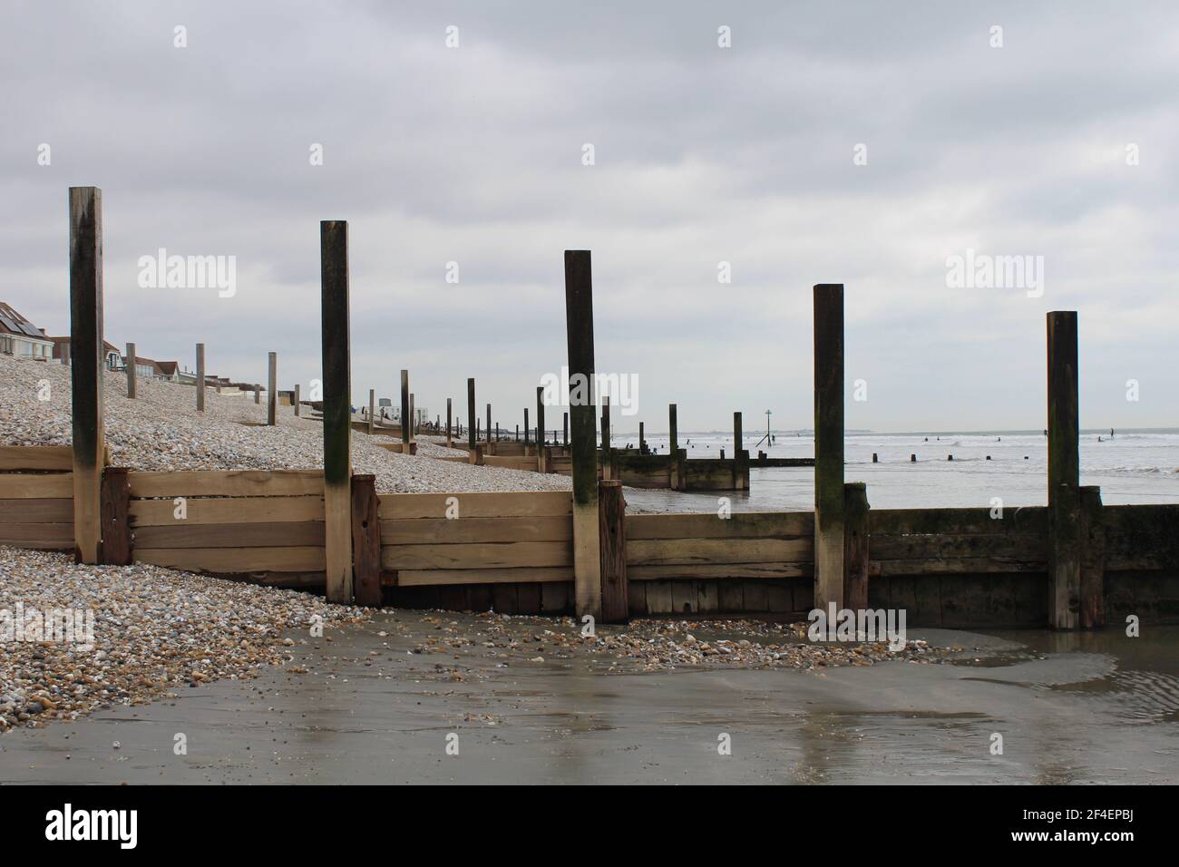 Sea defence groynes at West Wittering on the south coast of England ...