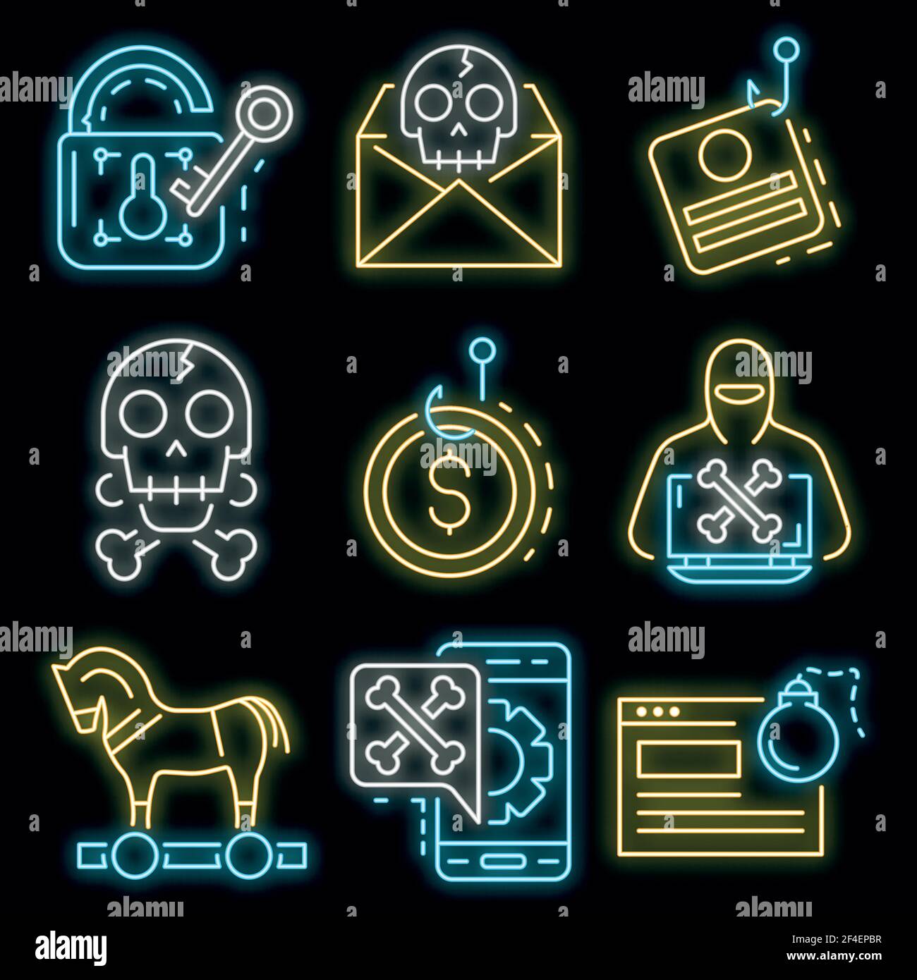 Phishing icon set. Outline set of phishing vector icons neon color on ...