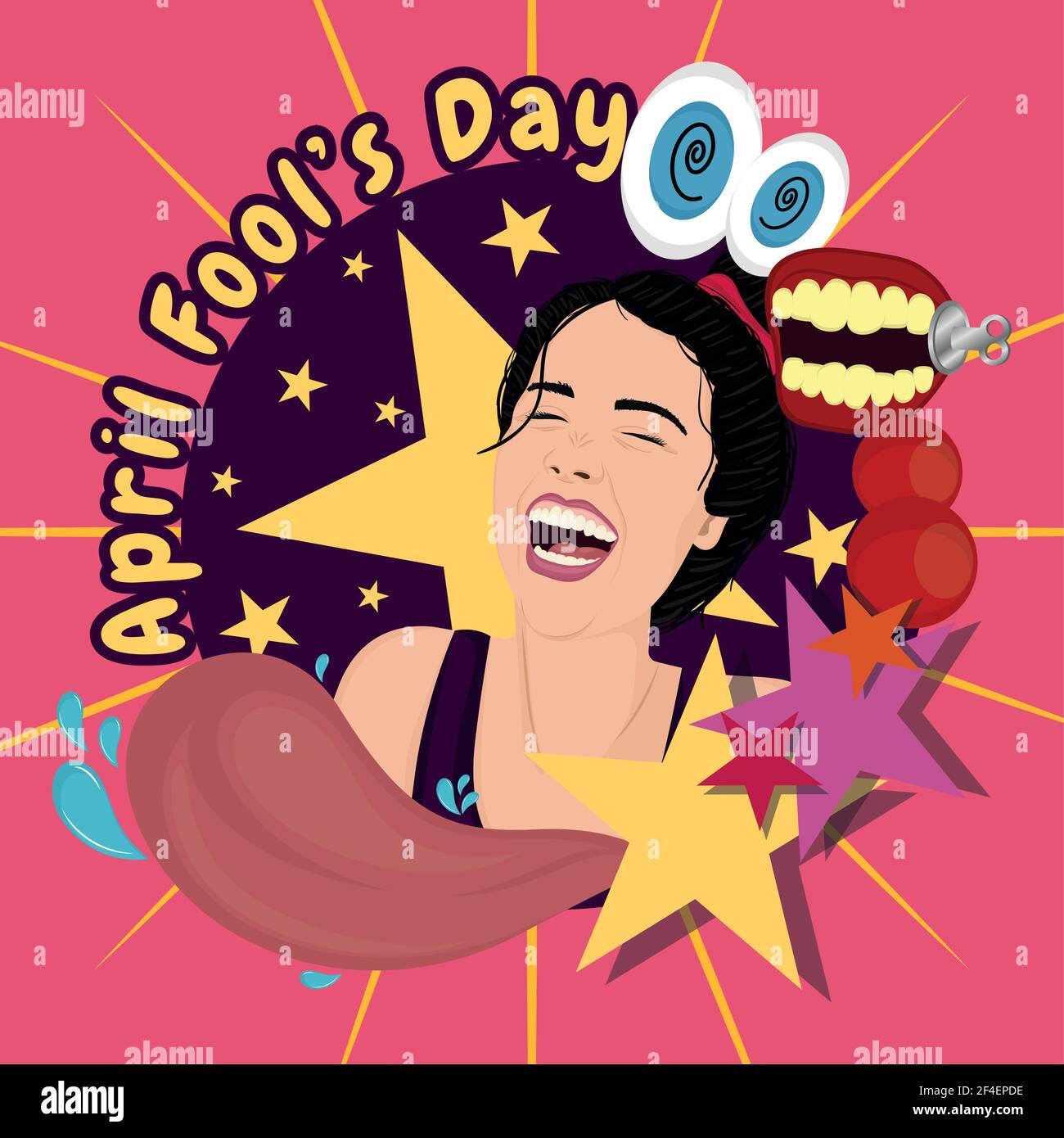 April fool day poster. Happy woman pop art style, funny mouth and ...
