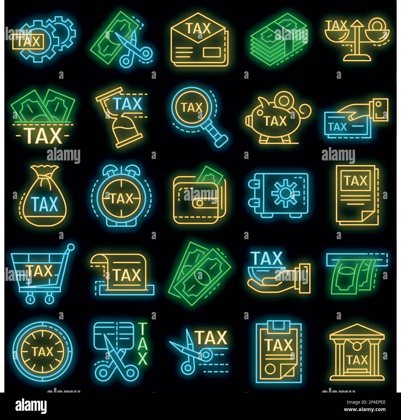Taxes icon set. Outline set of taxes vector icons neon color on black ...