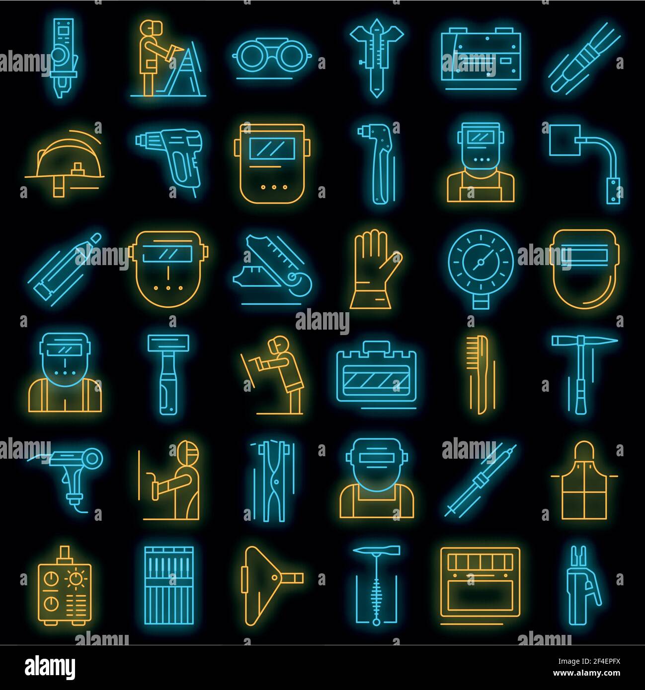 Welder icon set. Outline set of welder vector icons neon color on black ...