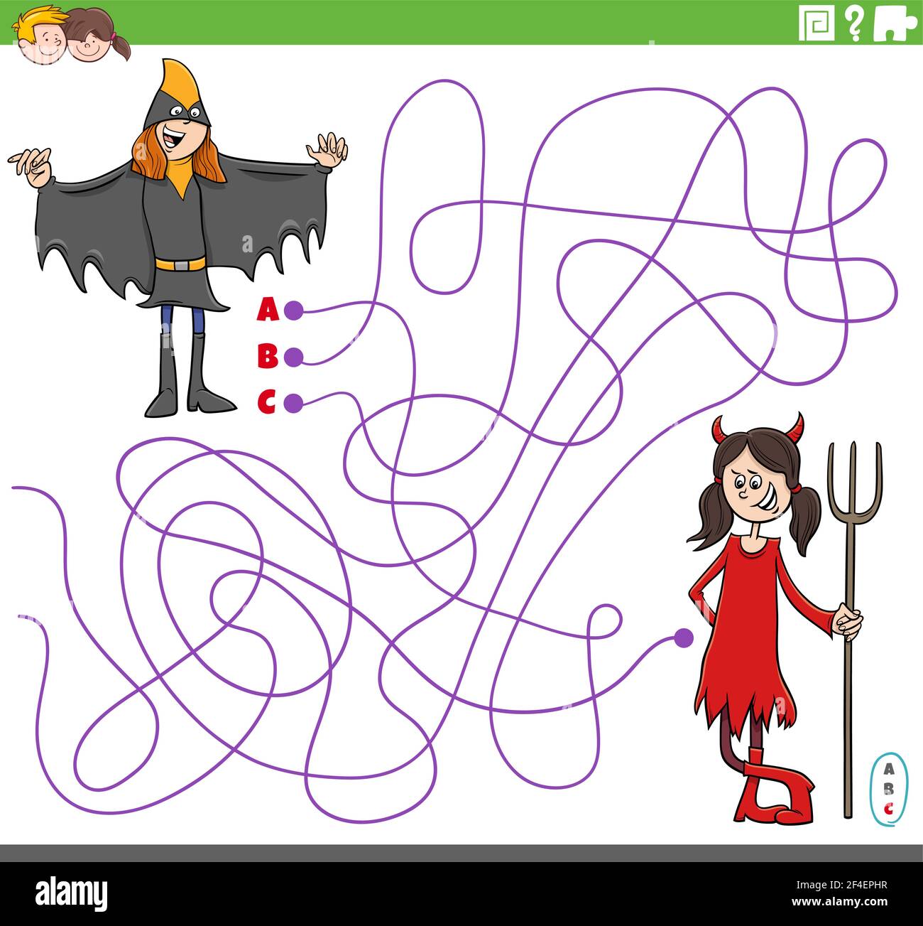 Cartoon illustration of lines maze puzzle game with girls characters at ...