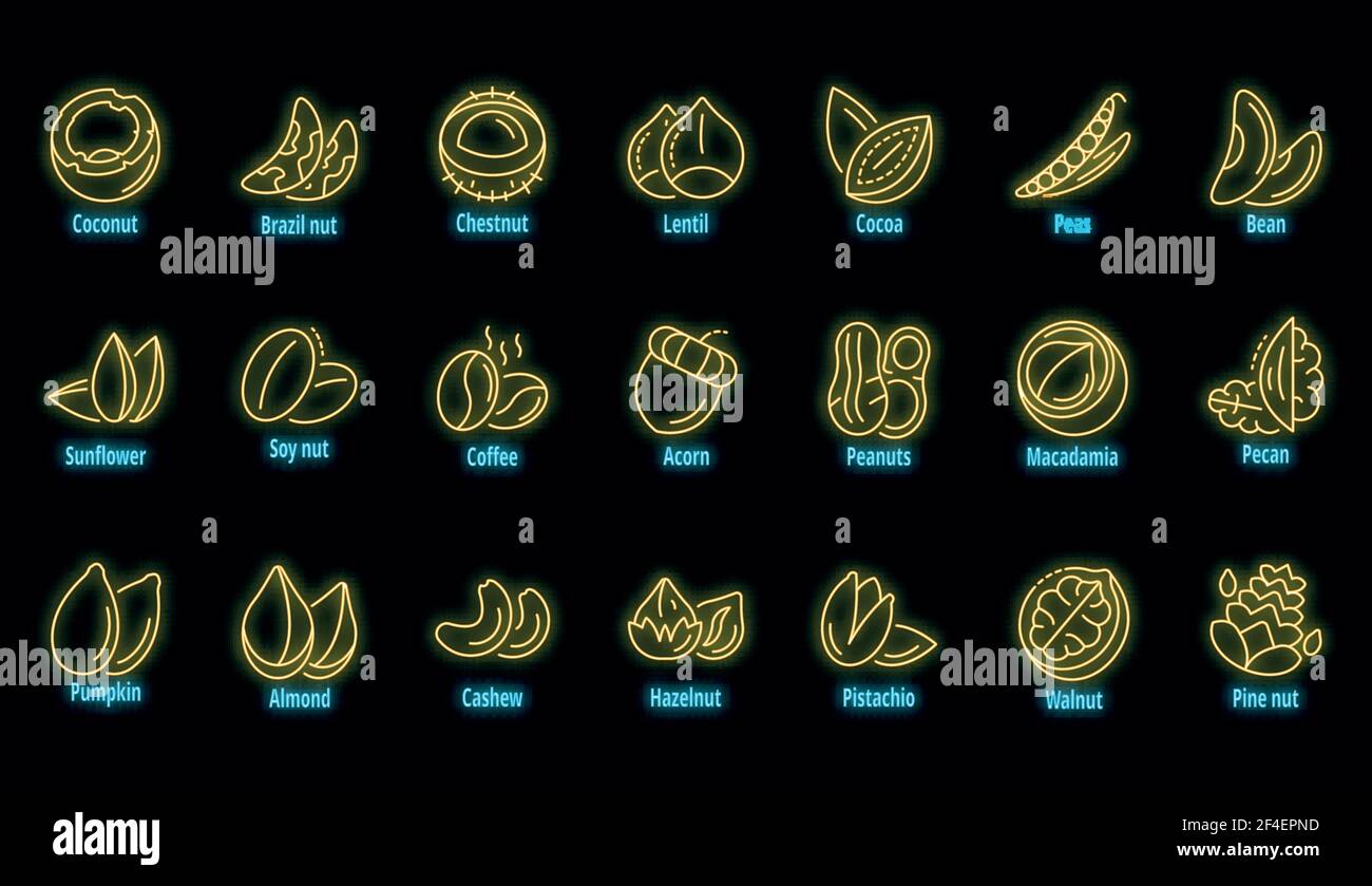 Nut icon set. Outline set of nut vector icons neon color on black Stock ...