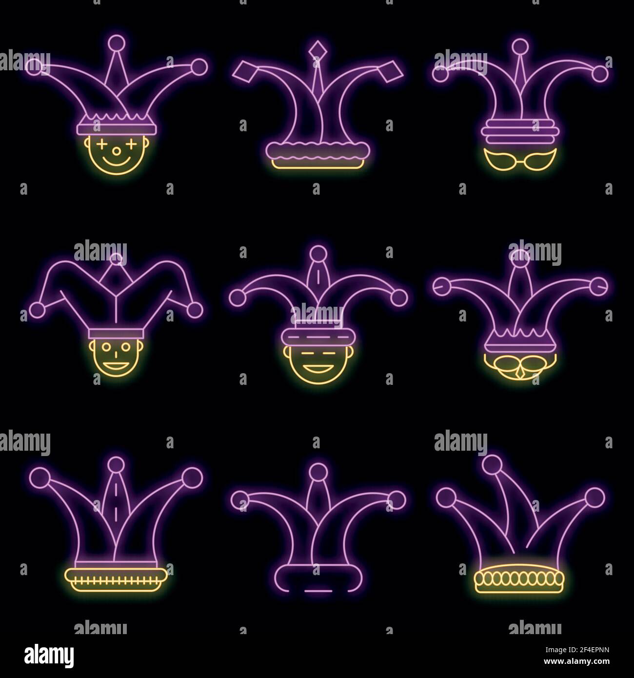 Jester icon set. Outline set of jester vector icons neon color on black ...