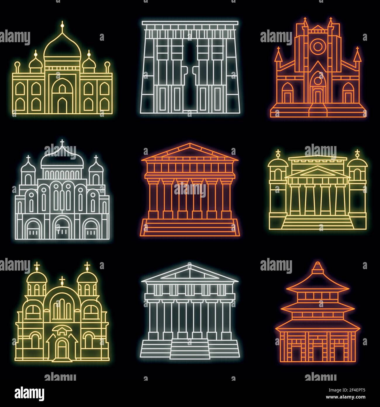 Temple icon set. Outline set of temple vector icons neon color on black ...