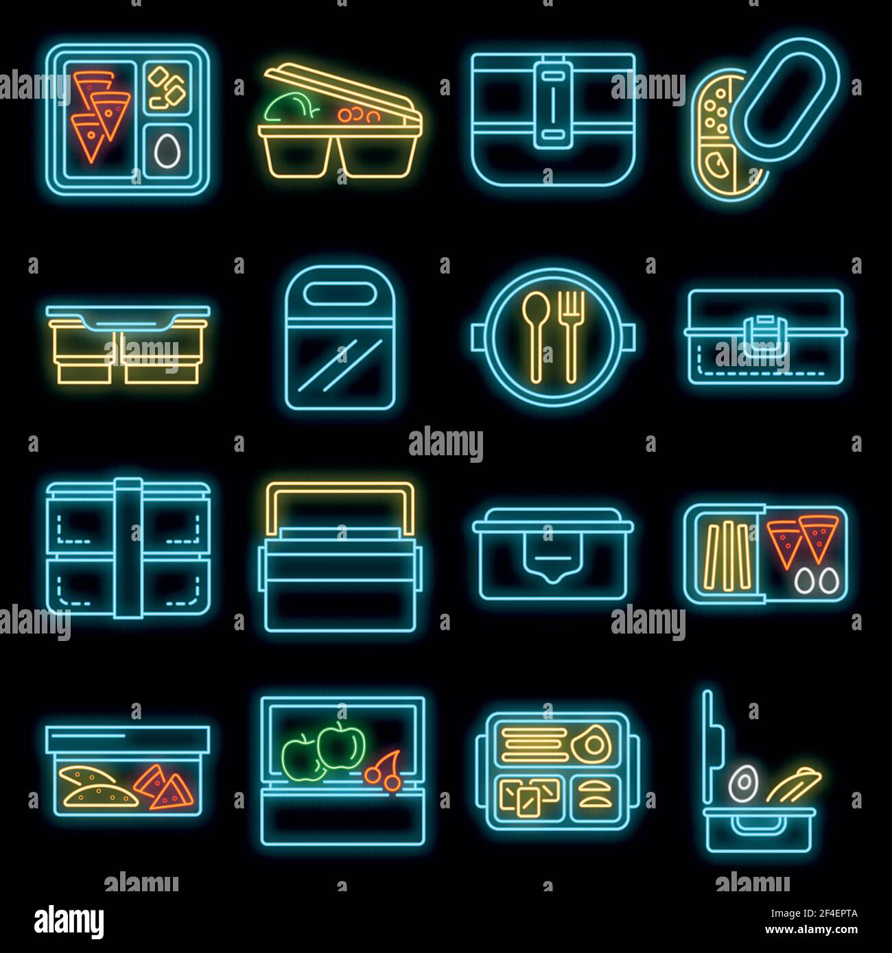 Lunchbox icon set. Outline set of lunchbox vector icons neon color on ...