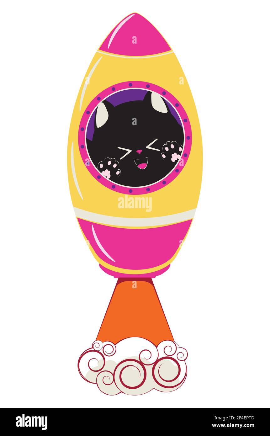 Cute cartoon black kitten fly in the rocket illustration Stock Vector ...