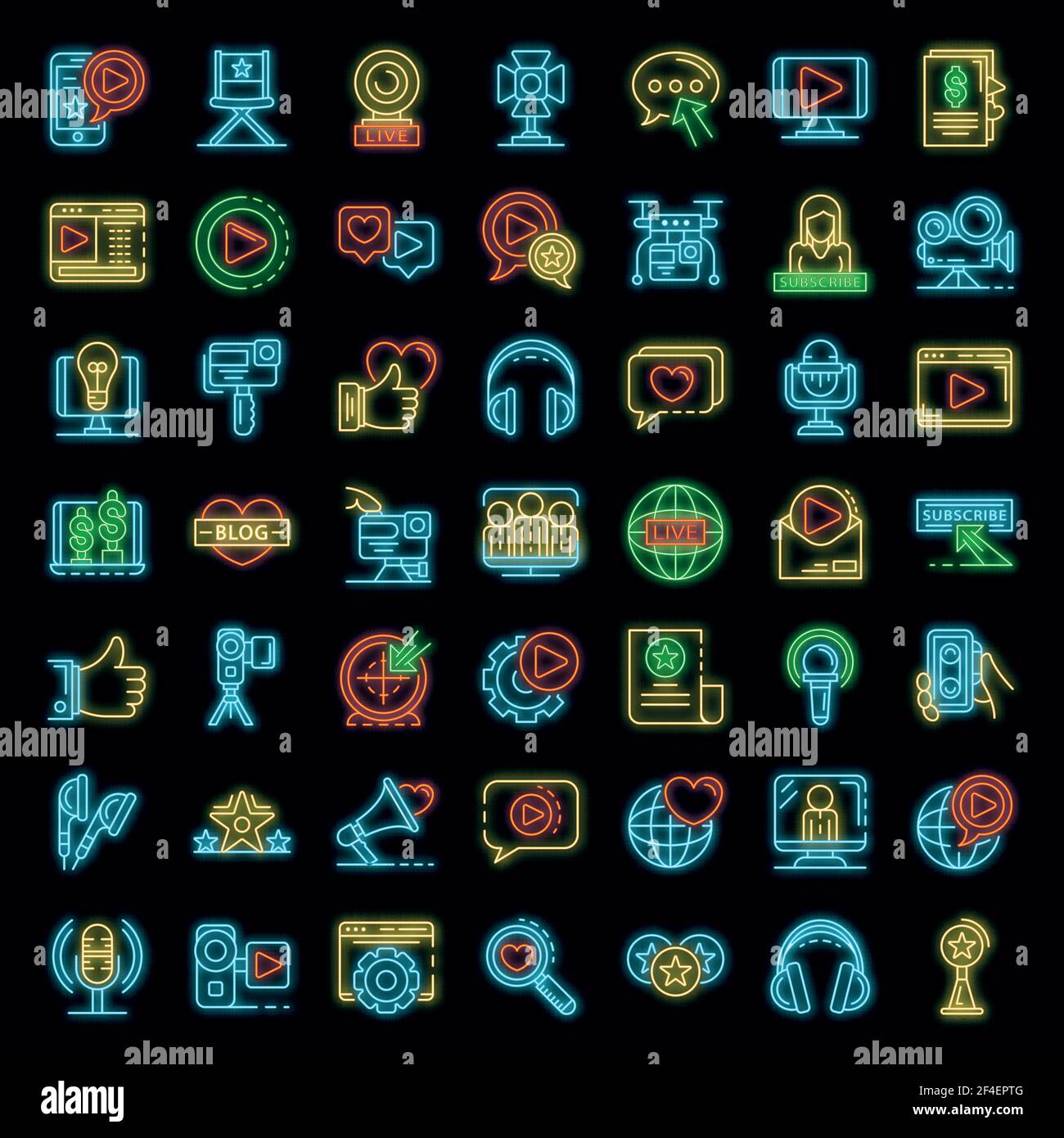 Vlog icon set. Outline set of vlog vector icons neon color on black ...