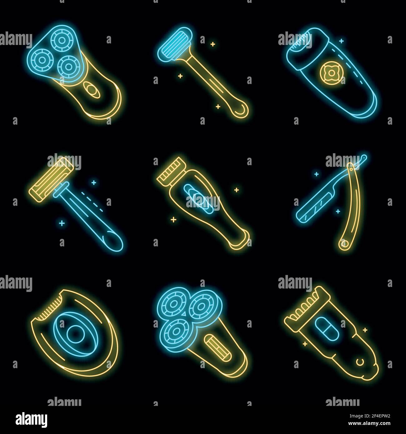 Shaver icon set. Outline set of shaver vector icons neon color on black ...