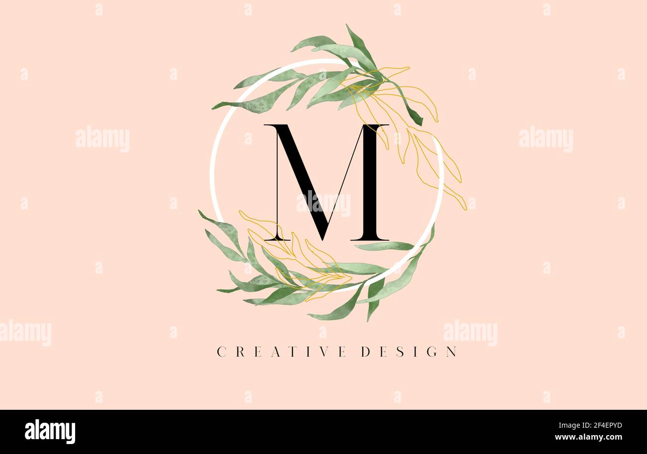 Elegant Letter M Logo Design With Waterbrush leafs and Golden Monoline ...