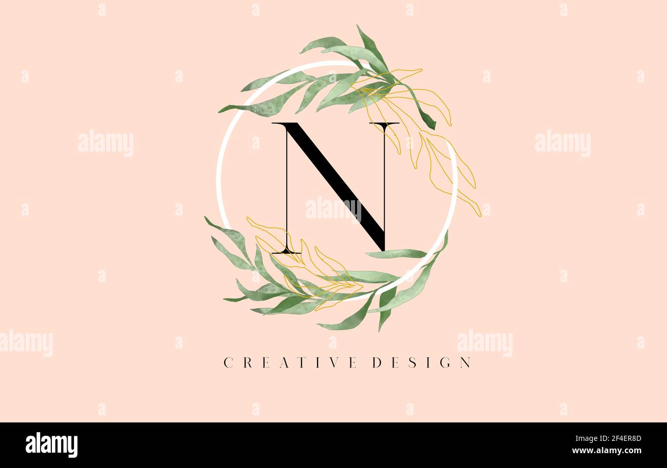 Elegant Letter N Logo Design With Waterbrush leafs and Golden Monoline ...