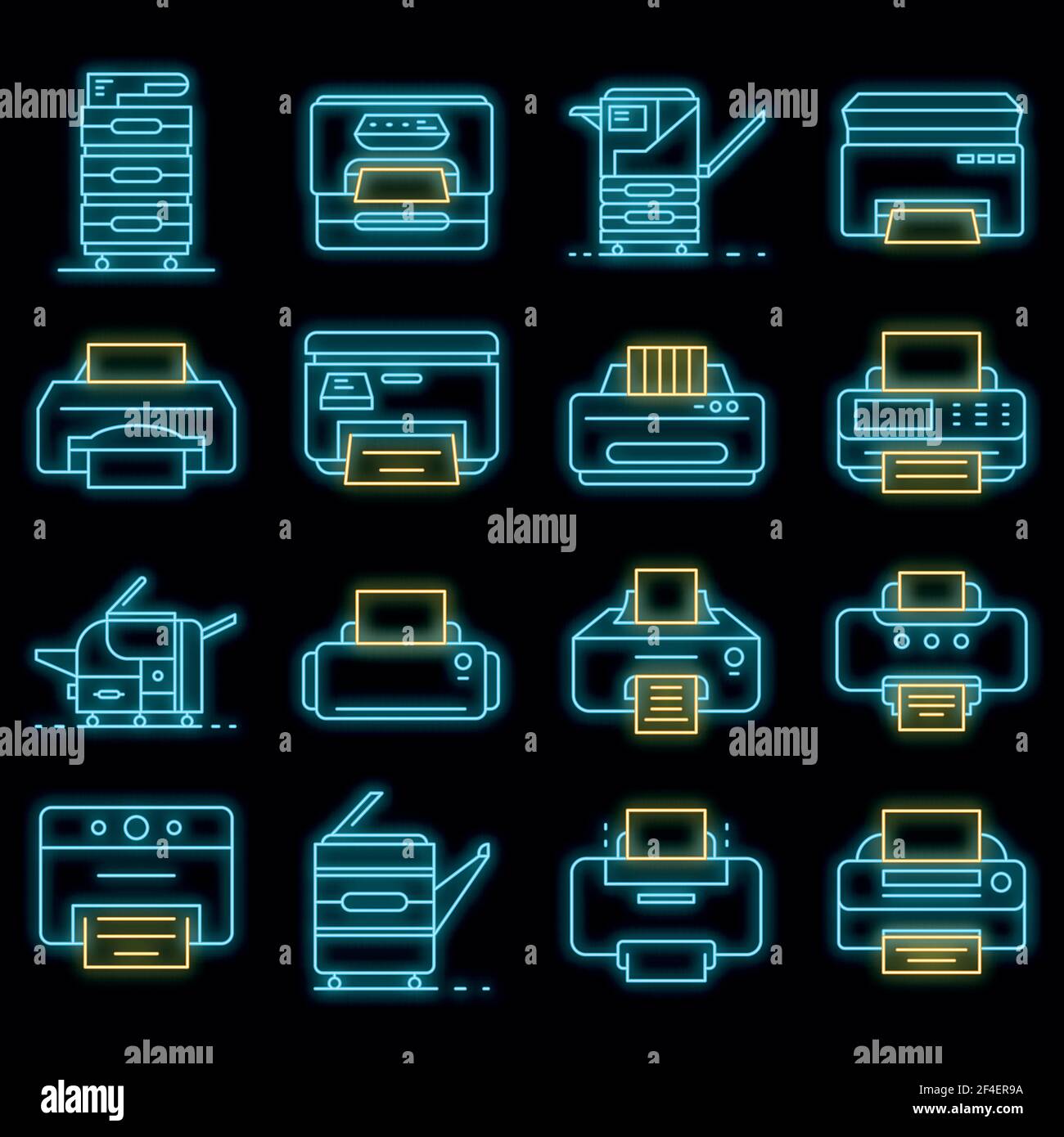 Printer icon set. Outline set of printer vector icons neon color on ...