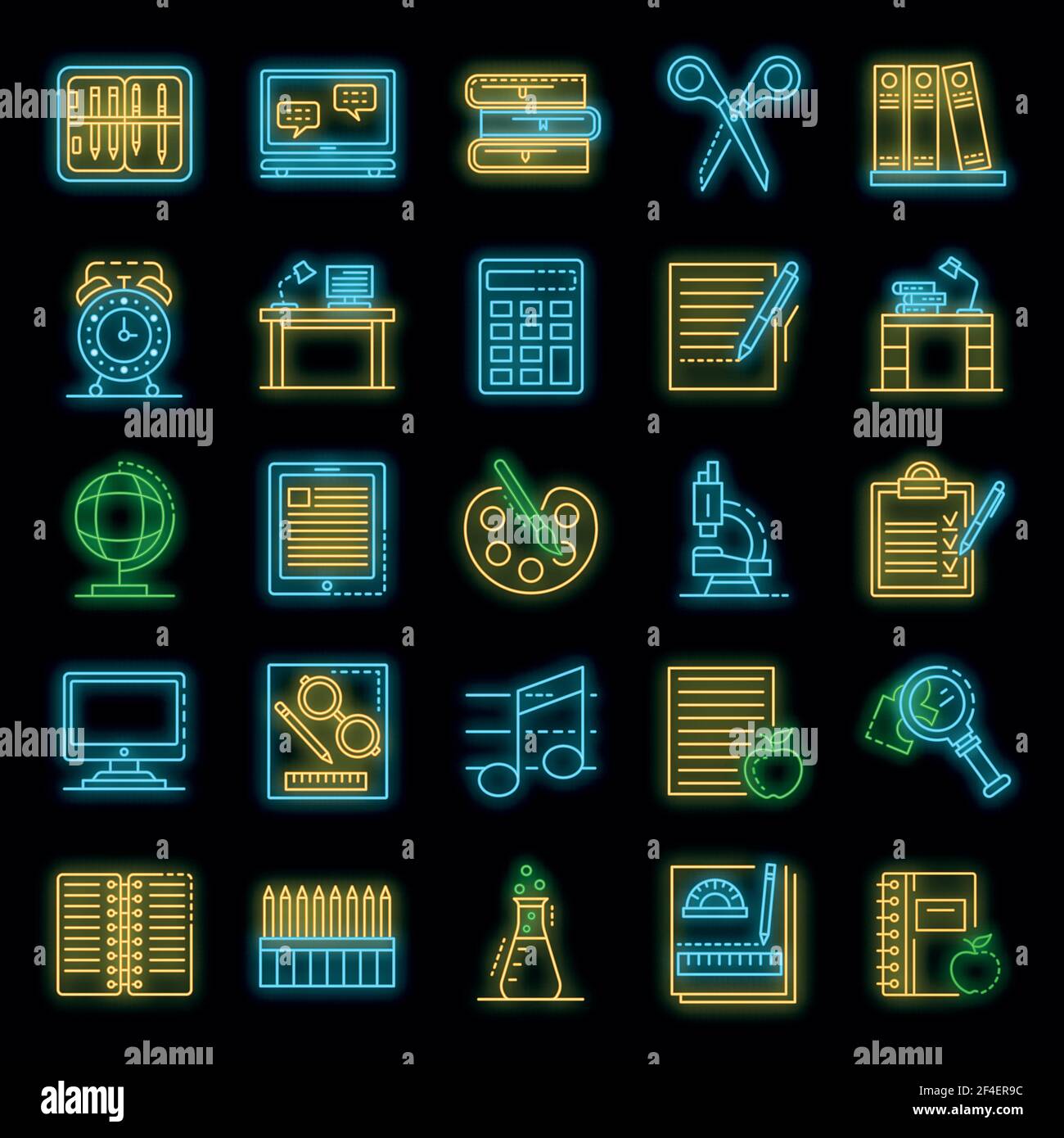 Homework icon set. Outline set of homework vector icons neon color on ...