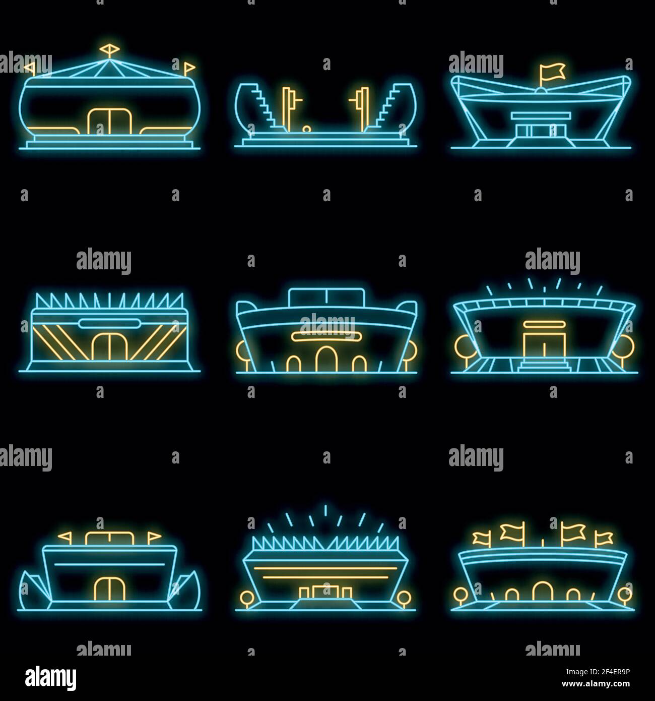 Arena icon set. Outline set of arena vector icons neon color on black ...