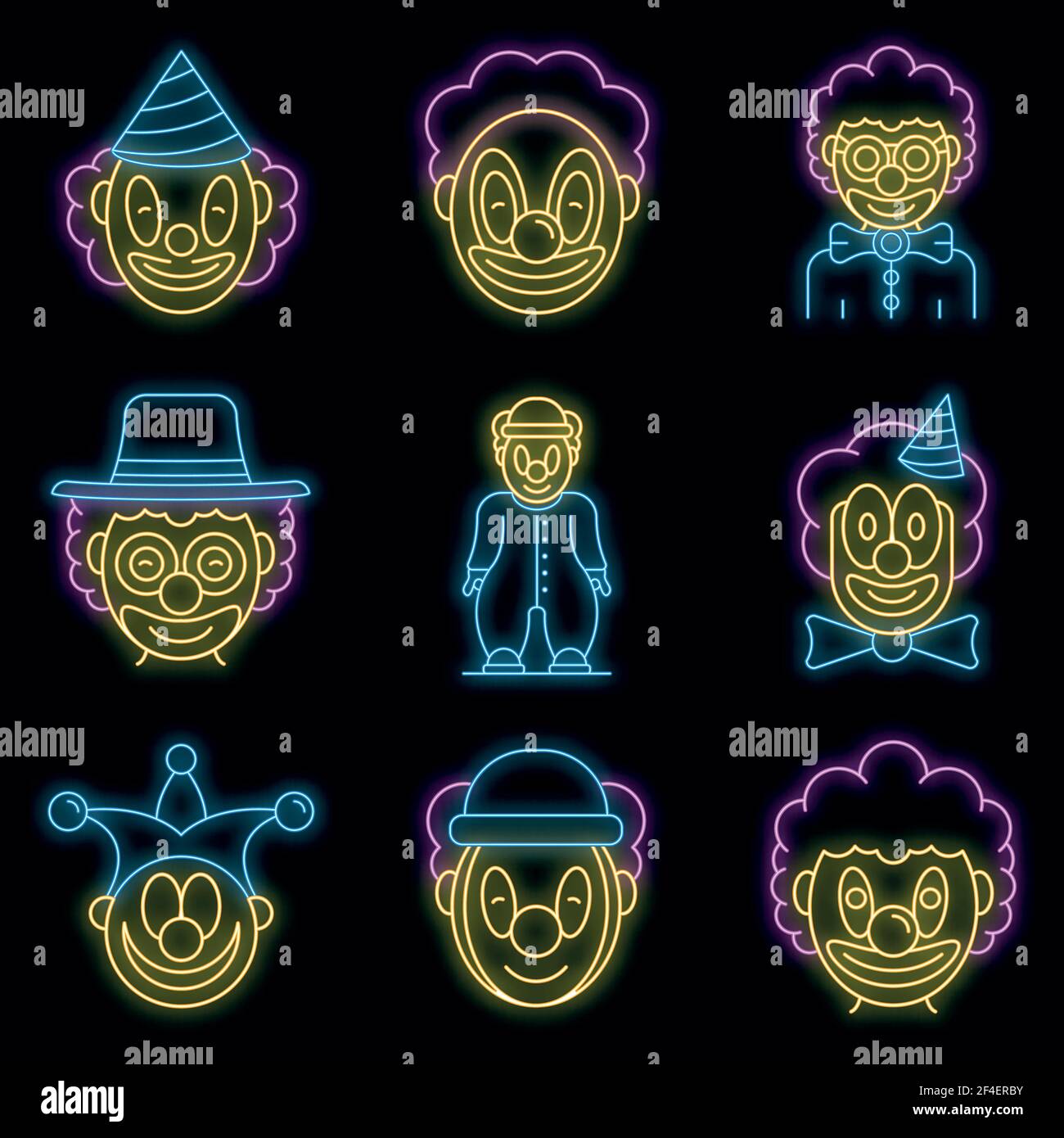 Clown icons set. Outline set of clown vector icons neon color on black Stock Vector Image & Art ...