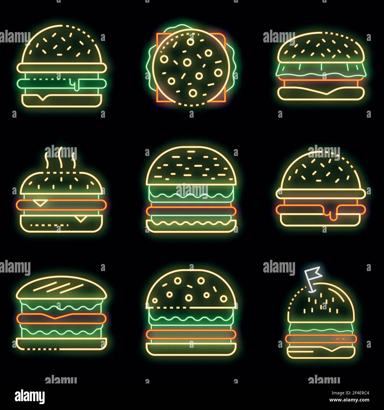 Burger icons set. Outline set of burger vector icons neon color on ...