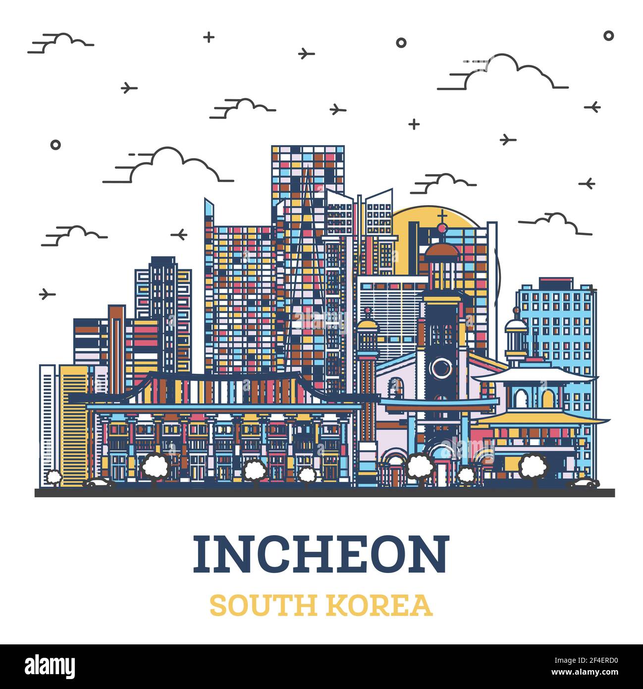 Outline Incheon South Korea City Skyline with Colored Modern Buildings ...