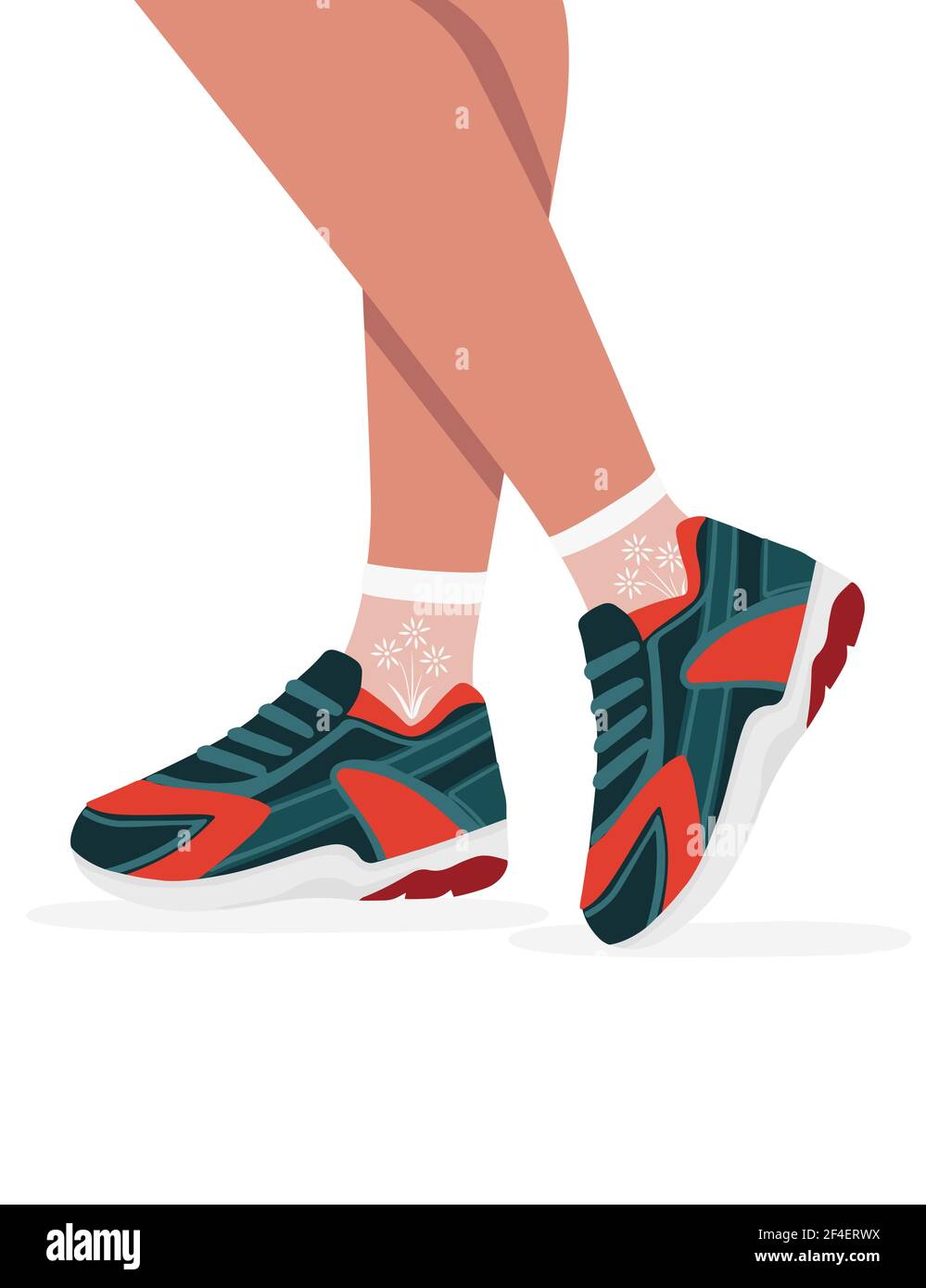 Sneakers dressed on feet shoes colored design sports casual wear vector ...