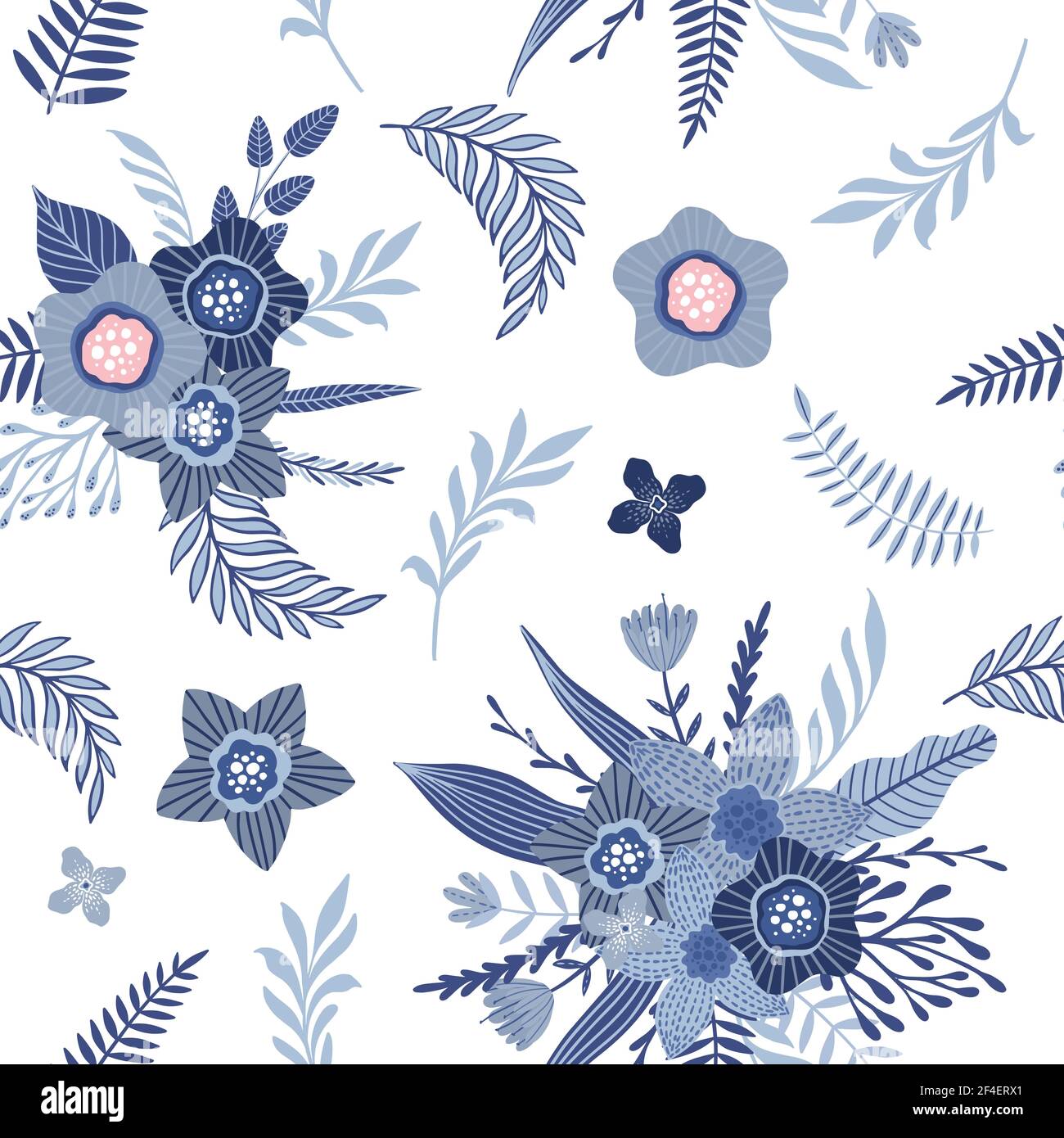 Seamless pattern with blue flowers and leaves. Creative floral texture ...