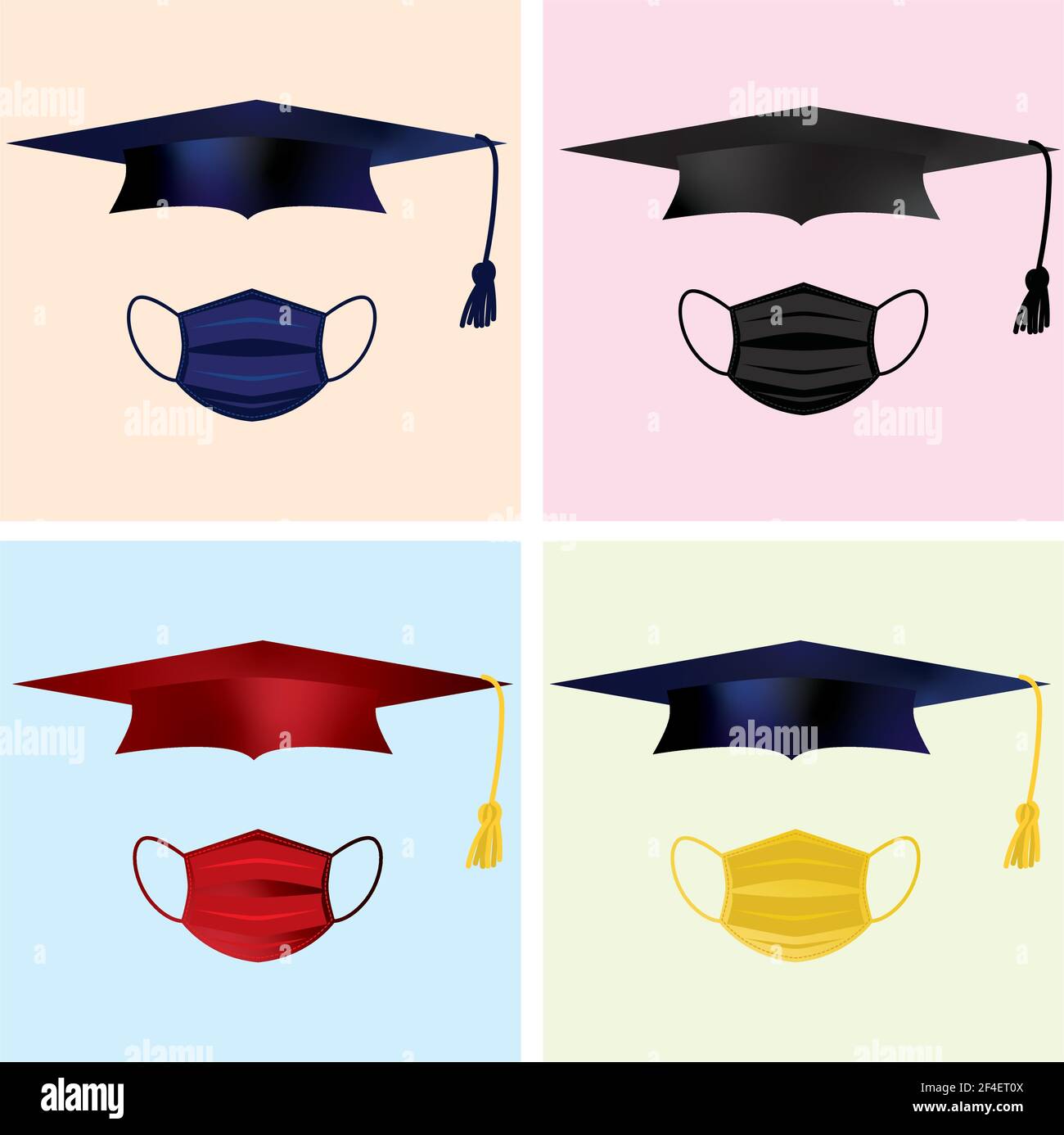 Illustrations of graduation caps and masks of different colors combined ...