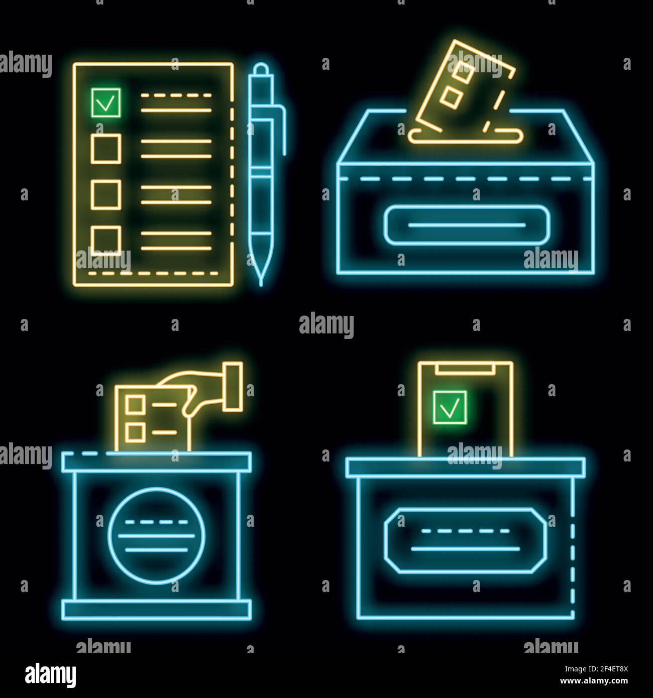Ballot icon set. Outline set of ballot vector icons neon color on black ...