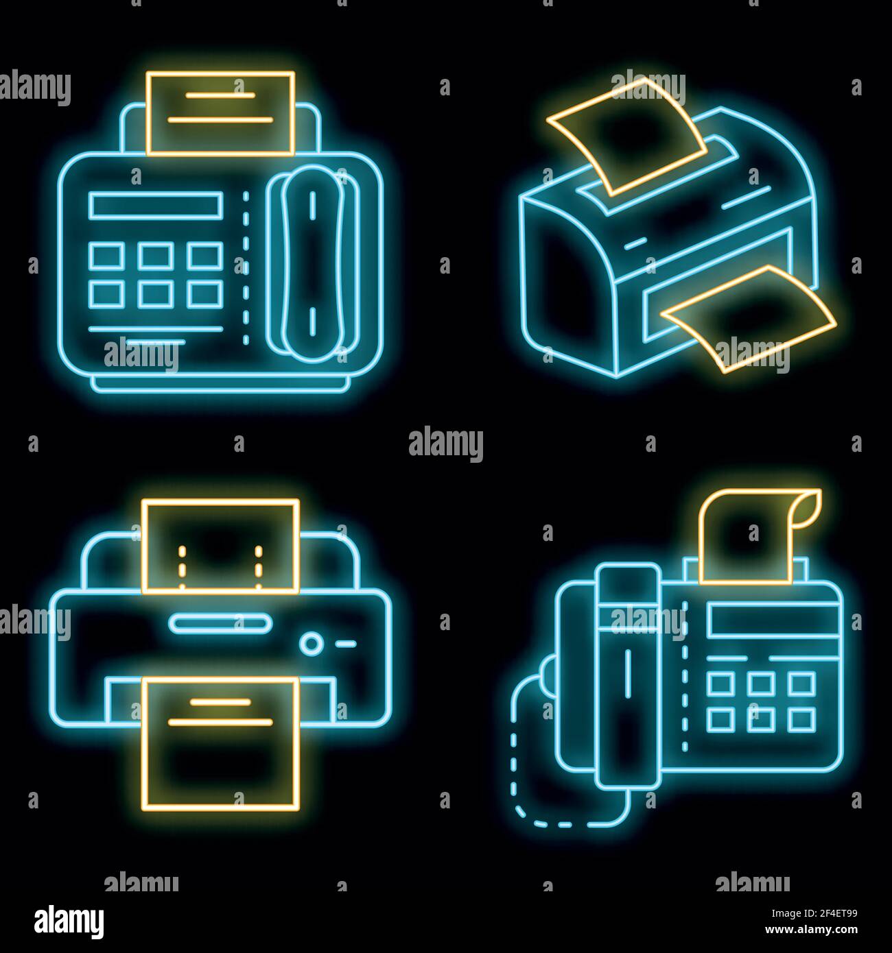 Fax icon set. Outline set of fax vector icons neon color on black Stock ...