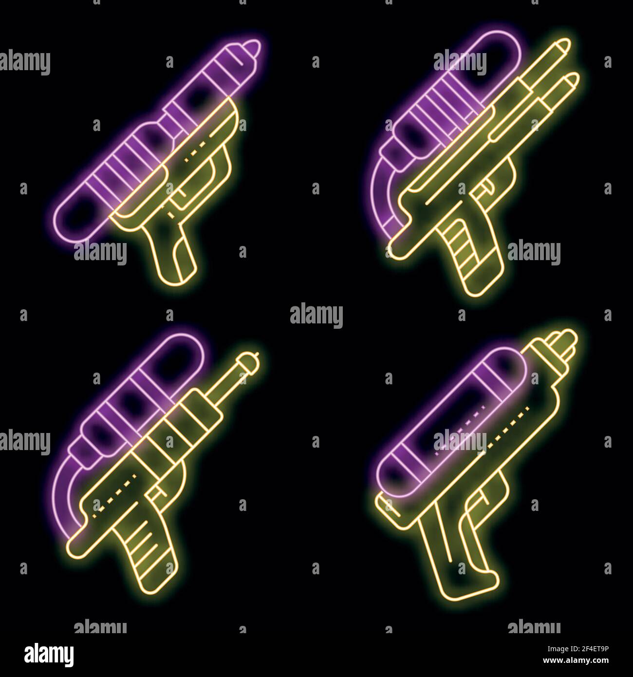 Squirt gun icons set. Outline set of squirt gun vector icons neon color ...