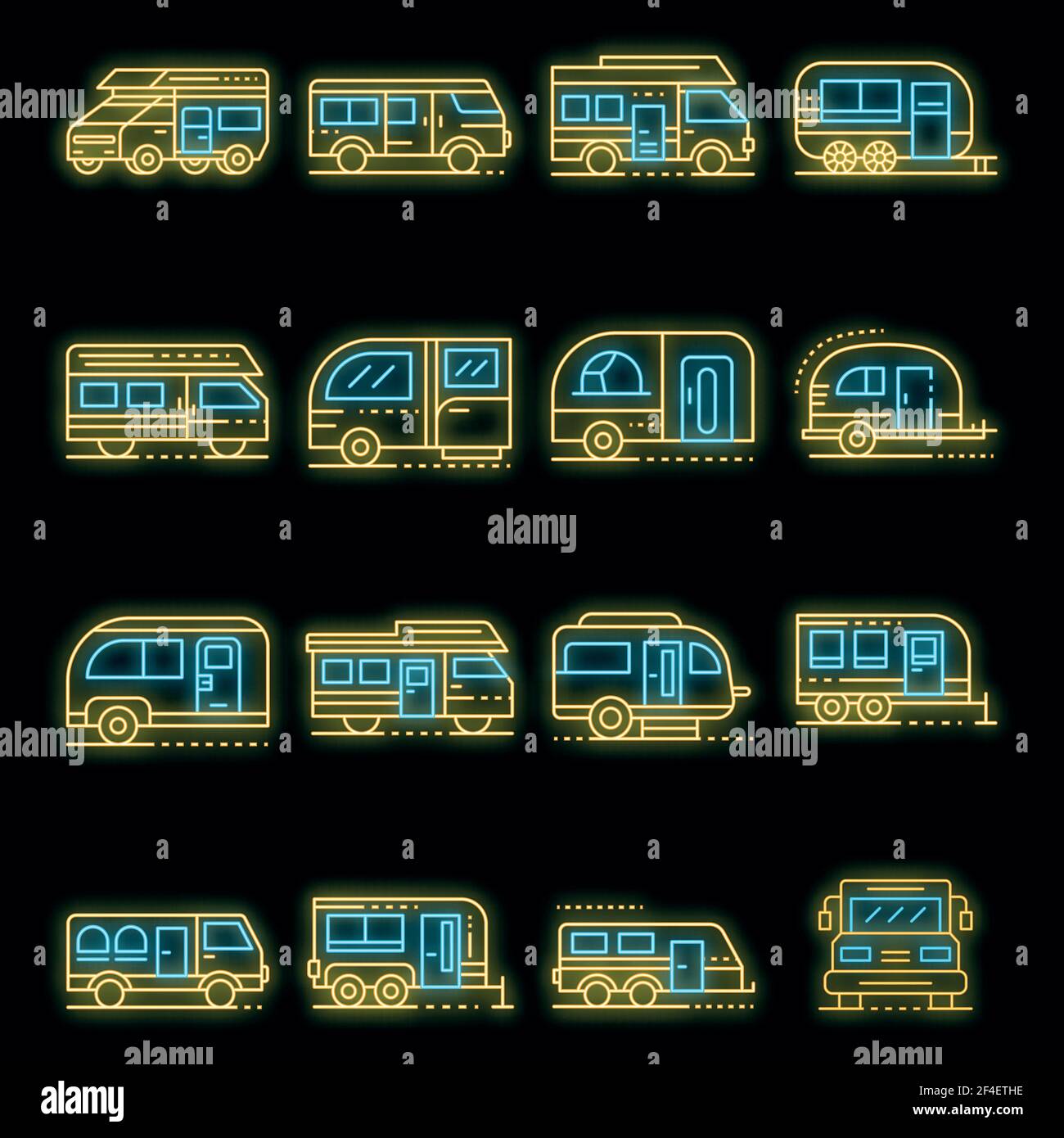 Motorhome icons set. Outline set of motorhome vector icons neon color ...