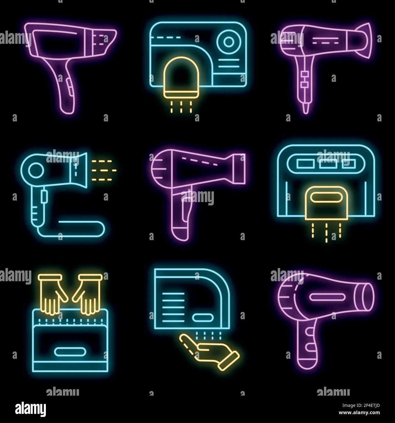 Dryer icons set. Outline set of dryer vector icons neon color on black ...