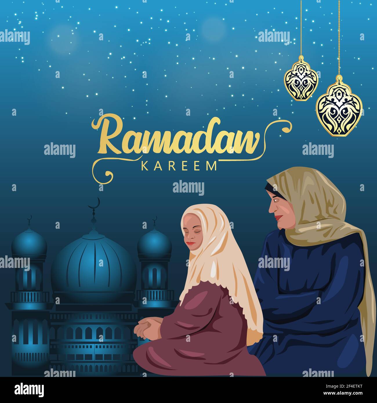 ramadan kareem and eid mubarak greetings. Islamic people looking mosque ...