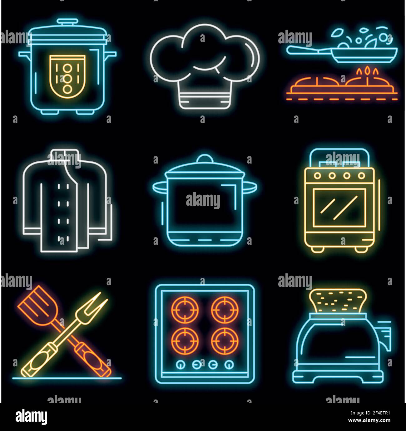 Cooker icon set. Outline set of cooker vector icons neon color on black ...