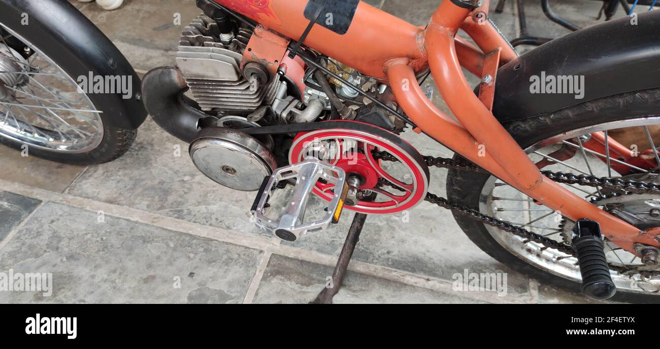 Engine components of an old scooter. Means of transport. Individual ...