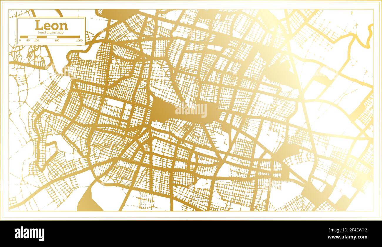 Leon Mexico City Map in Retro Style in Golden Color. Outline Map ...