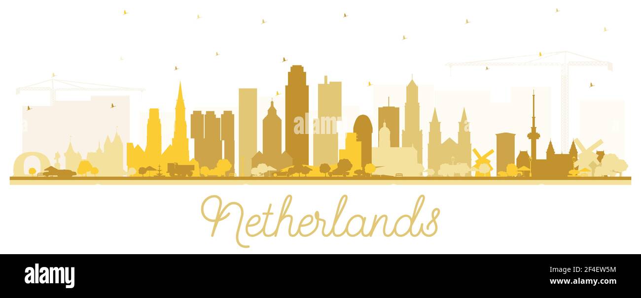 Netherlands Skyline Silhouette with Golden Buildings Isolated on White ...