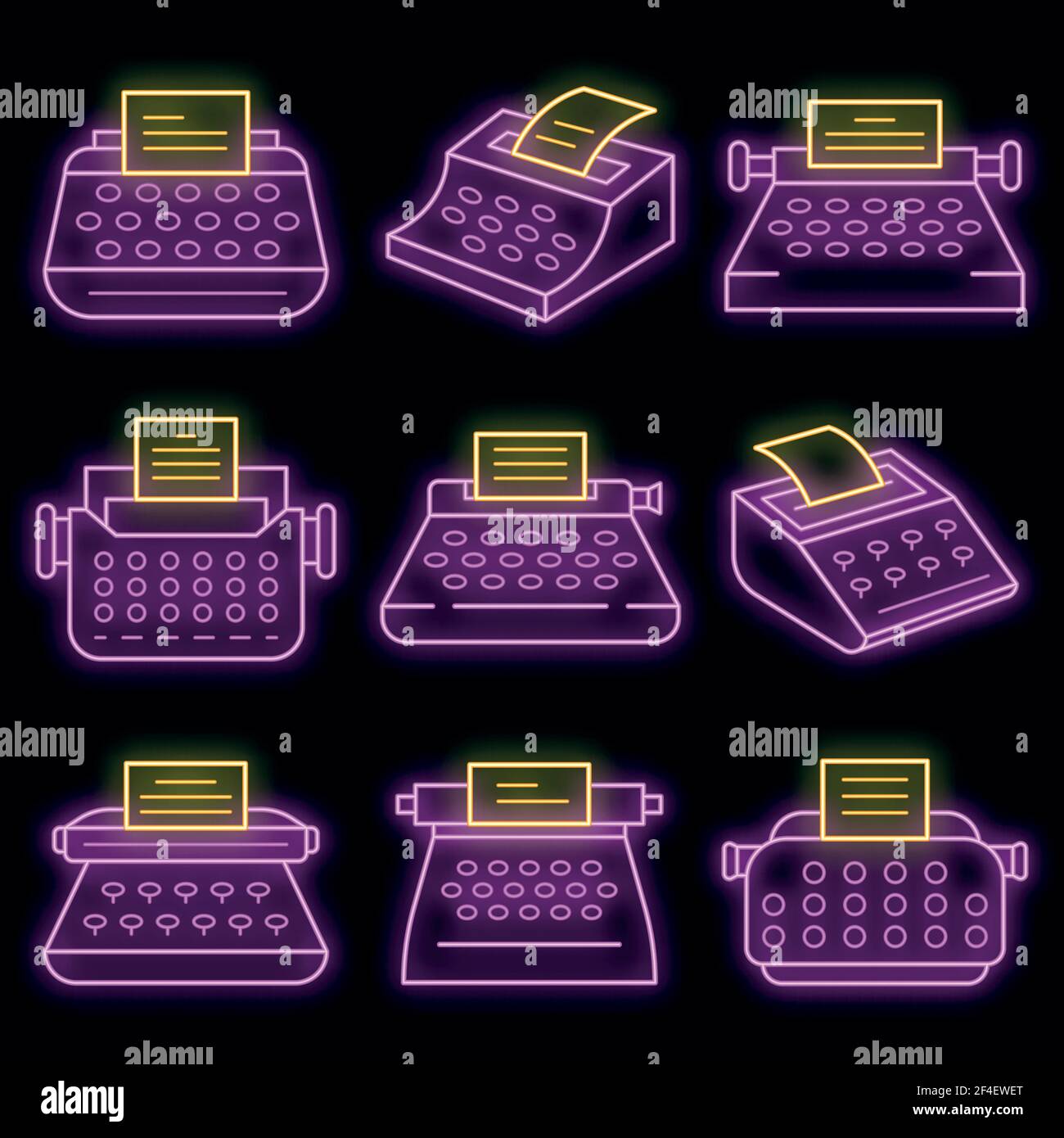 Typewriter icon set. Outline set of typewriter vector icons neon color ...