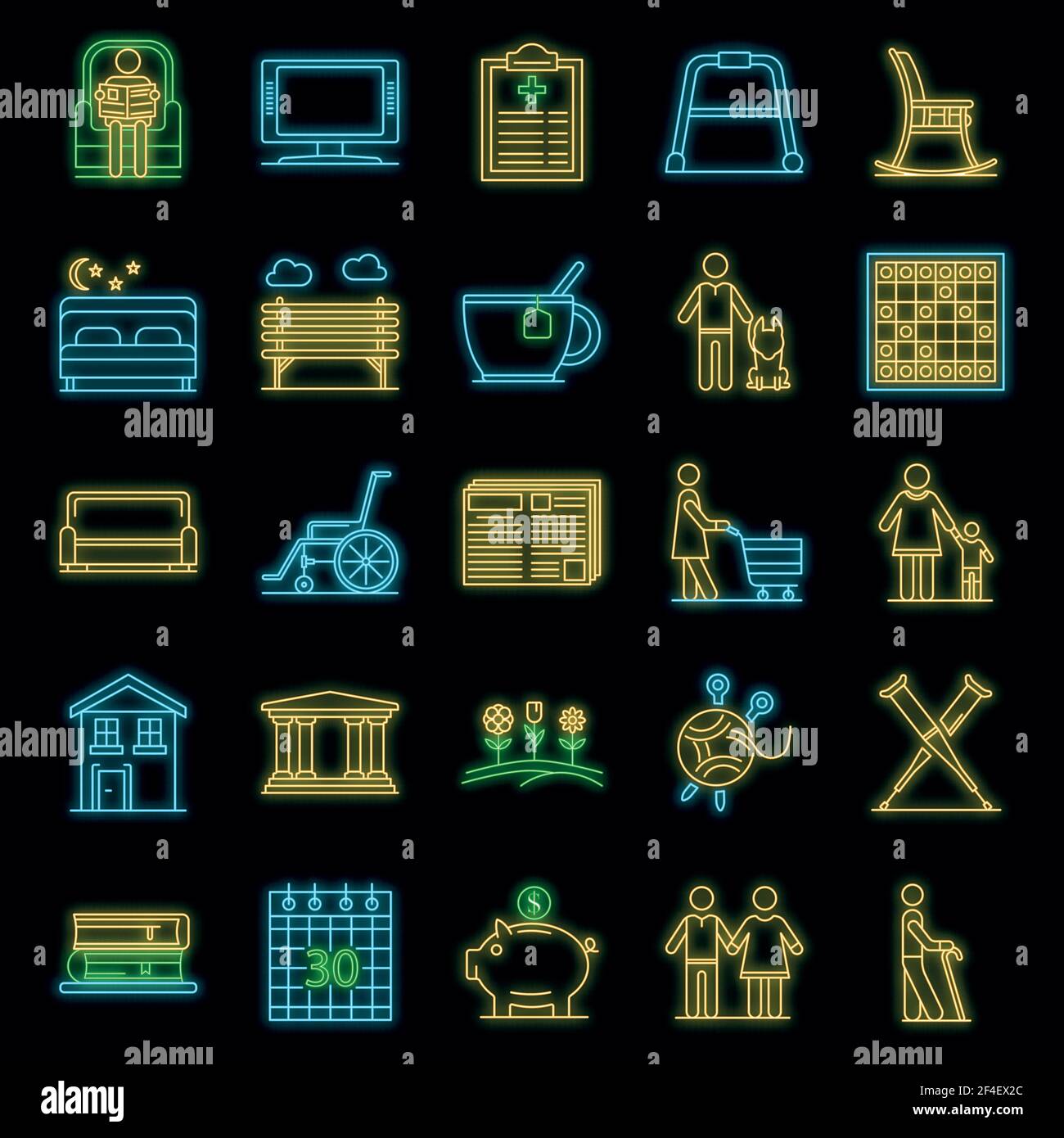 Pension icon set. Outline set of pension vector icons neon color on ...