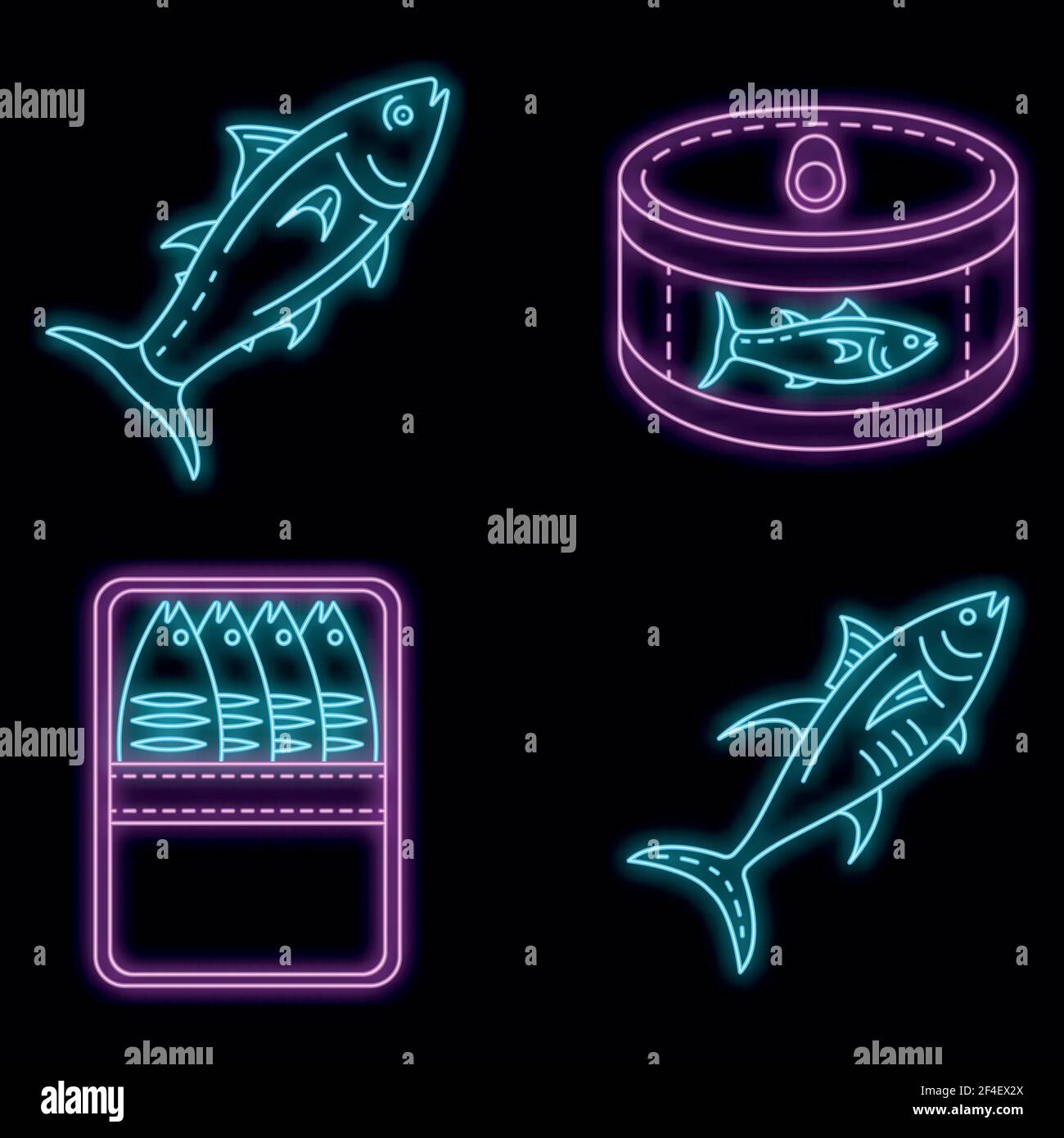Tuna icon set. Outline set of tuna vector icons neon color on black ...