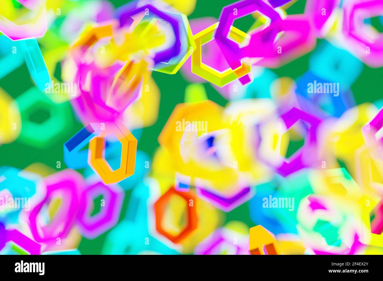 3d illustration of colorful hexagon fly on a yellow background . Shape ...