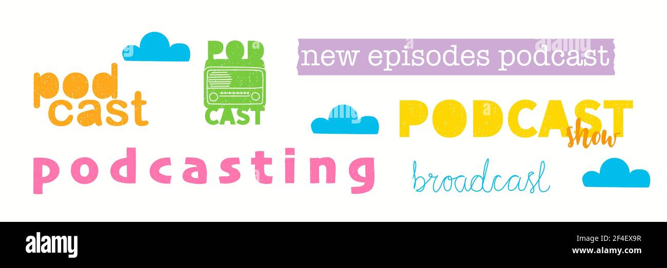 Set of lettering concept podcast, broadcast. Vector hand drawn elements ...