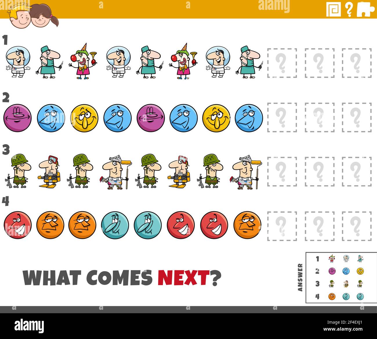 Cartoon illustration of completing the pattern educational game for ...