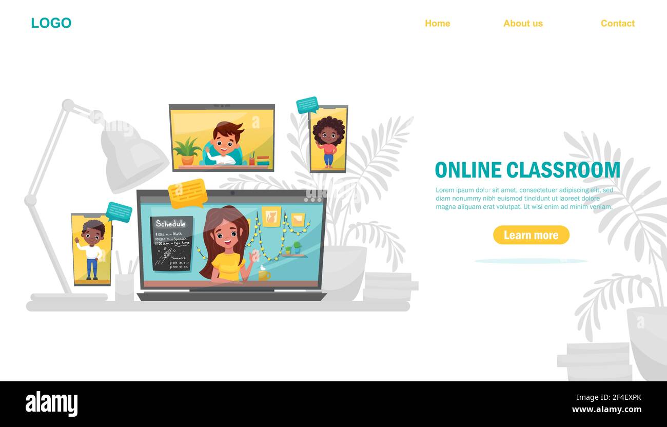 E-learning concept banner. Online education. Classmates using laptop ...