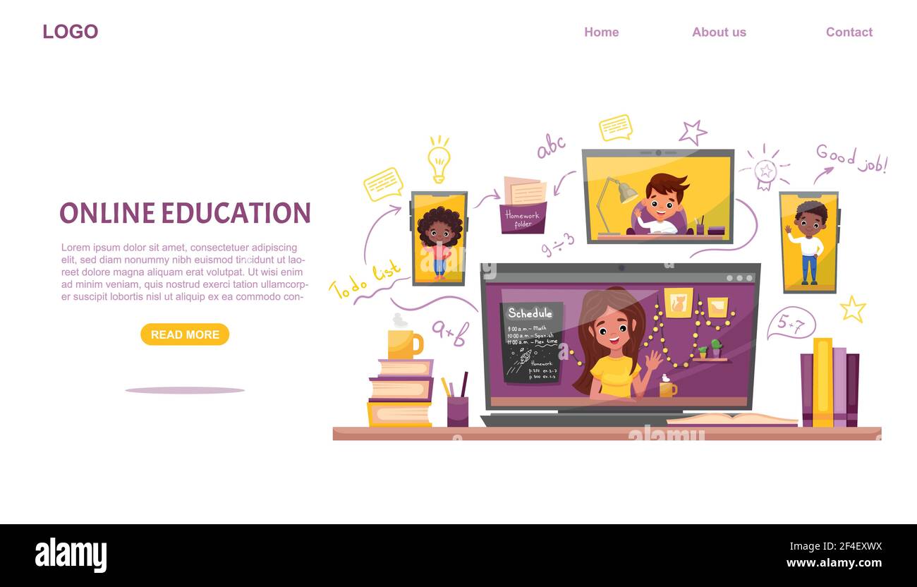 E-learning concept banner. Online education. Classmates using laptop ...