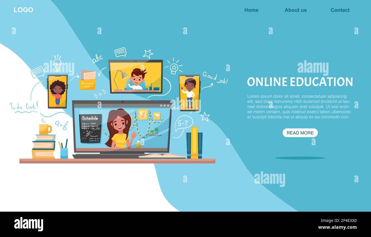 E-learning concept banner. Online education. Classmates using laptop ...