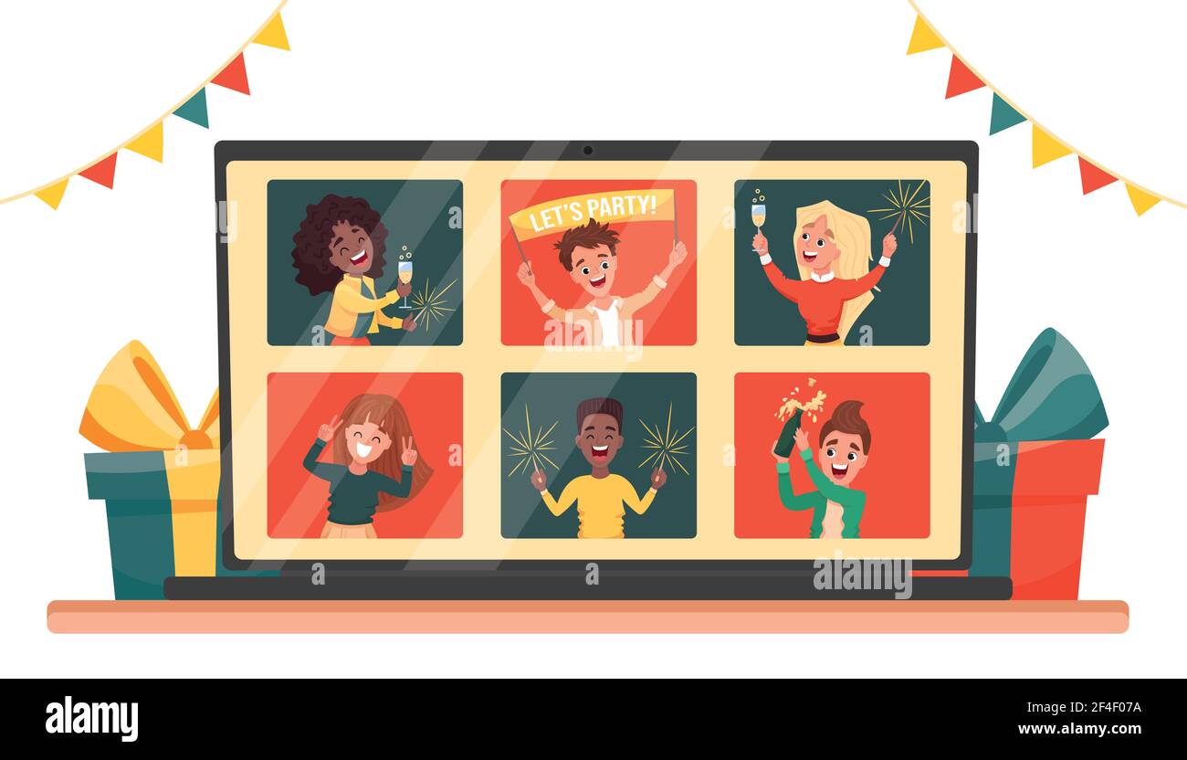 Online virtual house party. Diverse people dancing and chatting ...