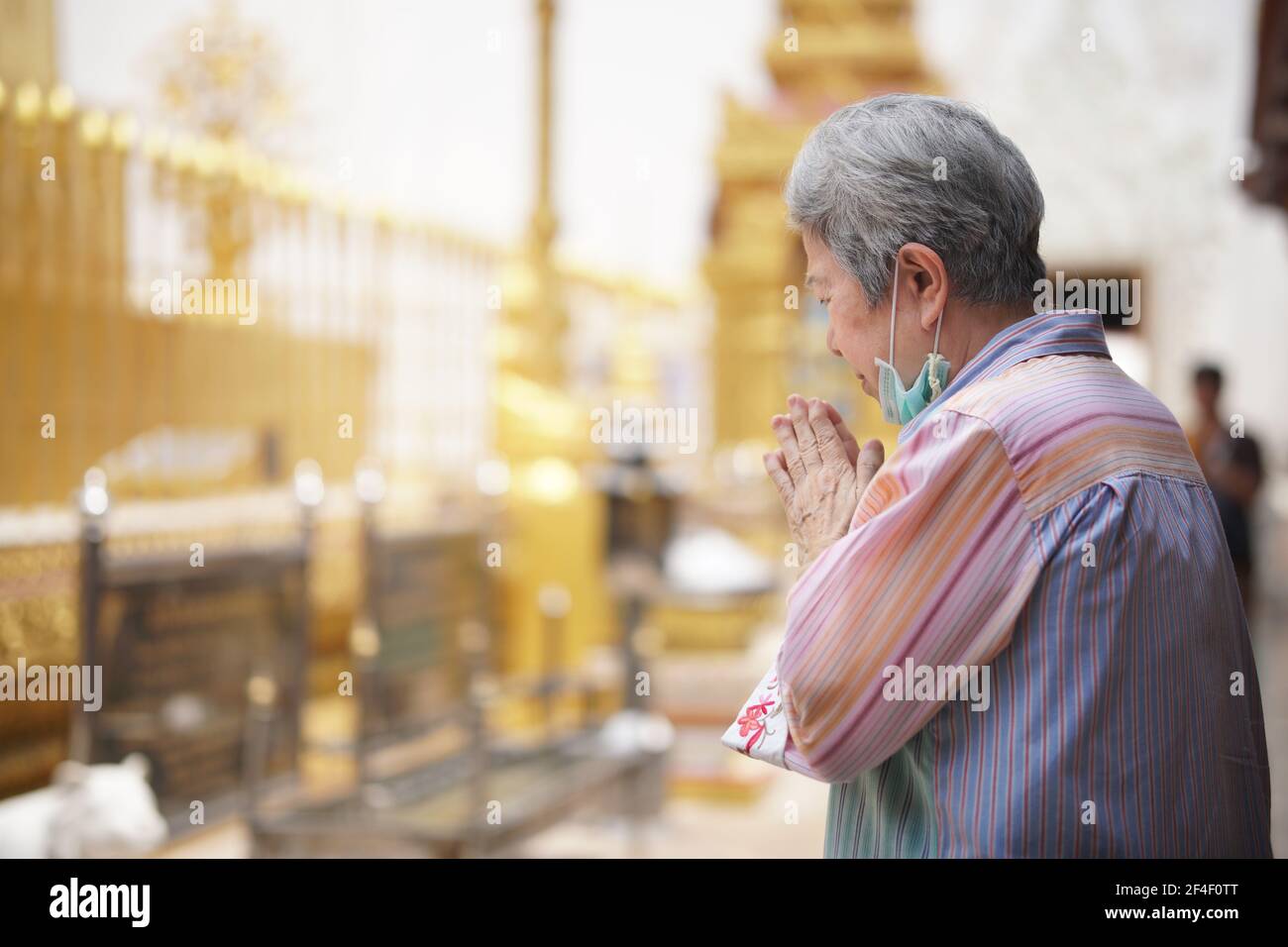 old asian elder senior woman traveler tourist praying at buddhist ...