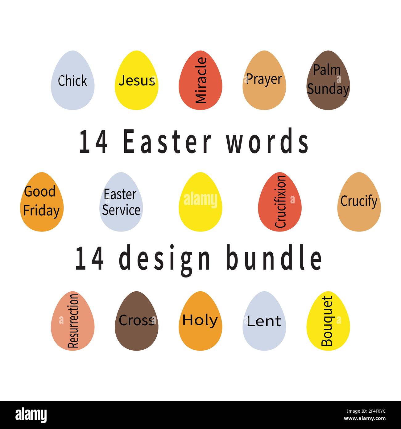 14 Easter words on eggs set. Colorful eggs. Group of popular words ...