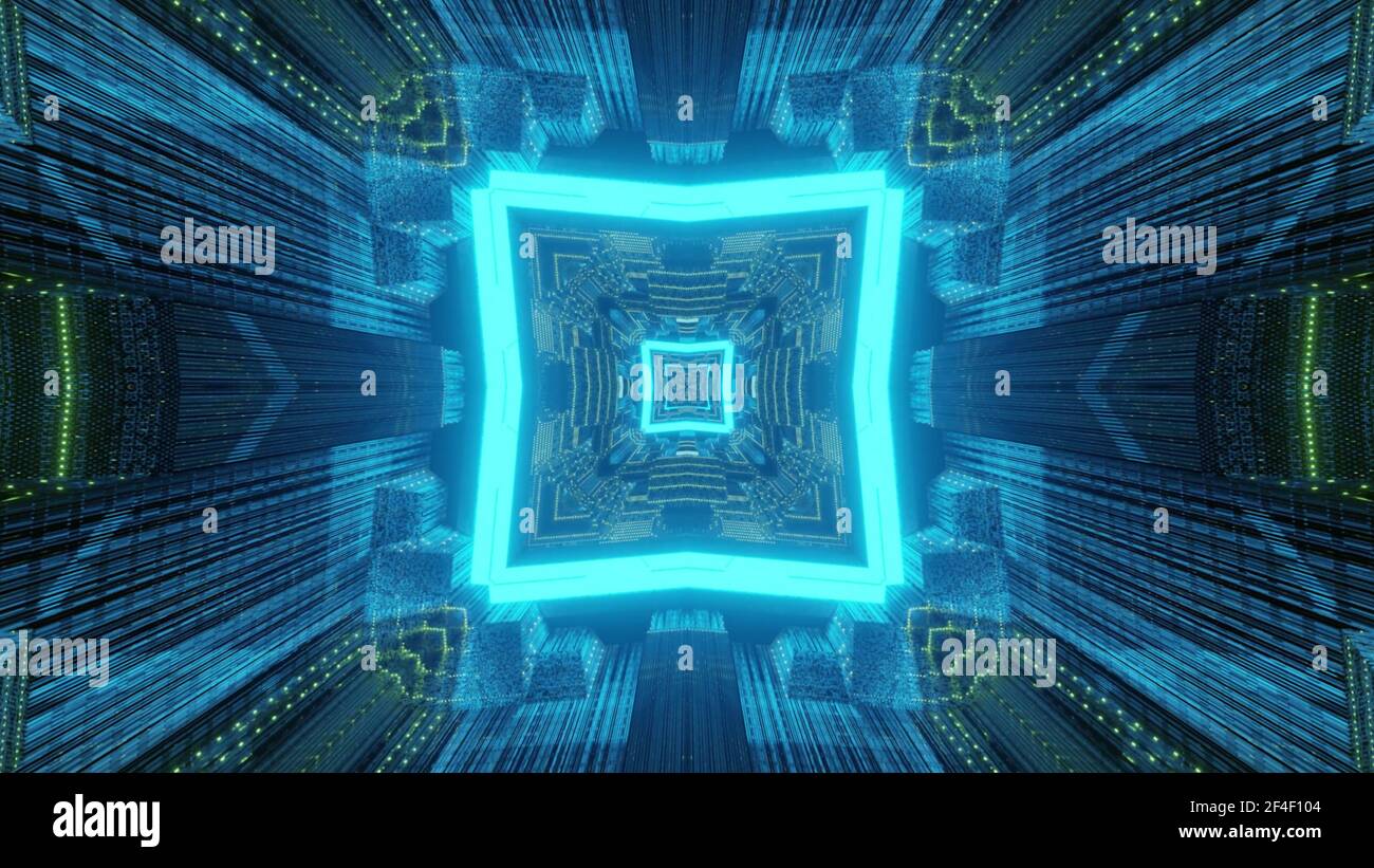 A 3D rendering of a cool square kaleidoscopic futuristic tunnel in blue ...