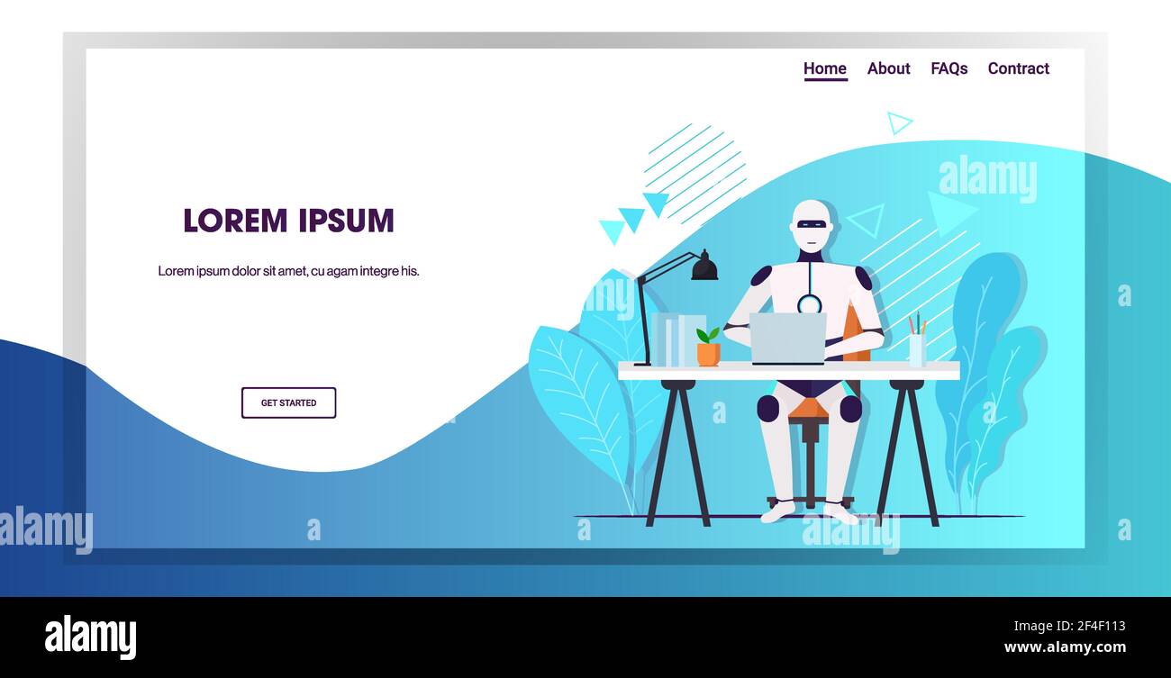 modern robot using laptop robotic businessperson sitting at workplace ...